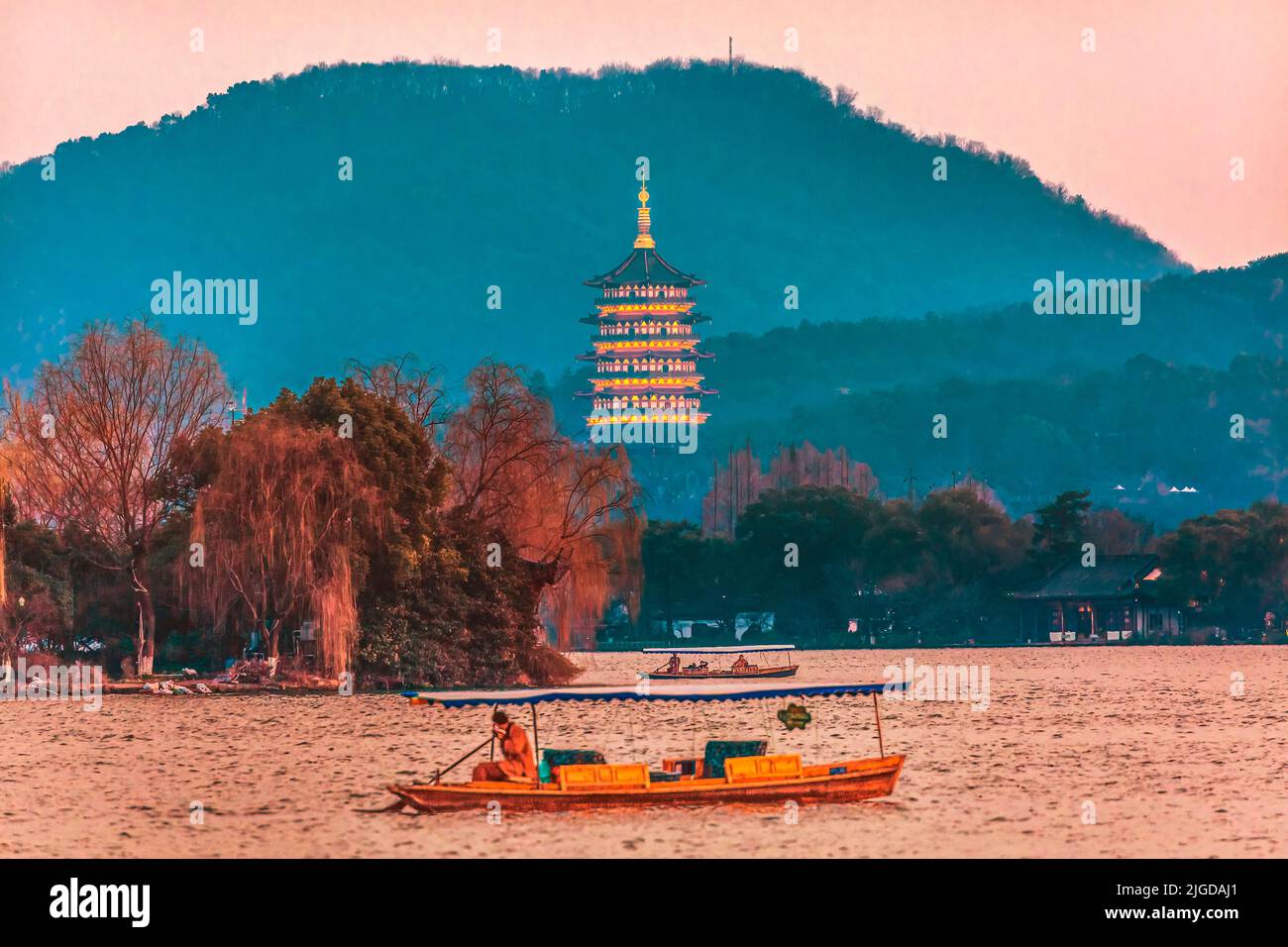 Old Chinese Leifeng Pagoda Boats Garden West Lake Hangzhou Reflection ...