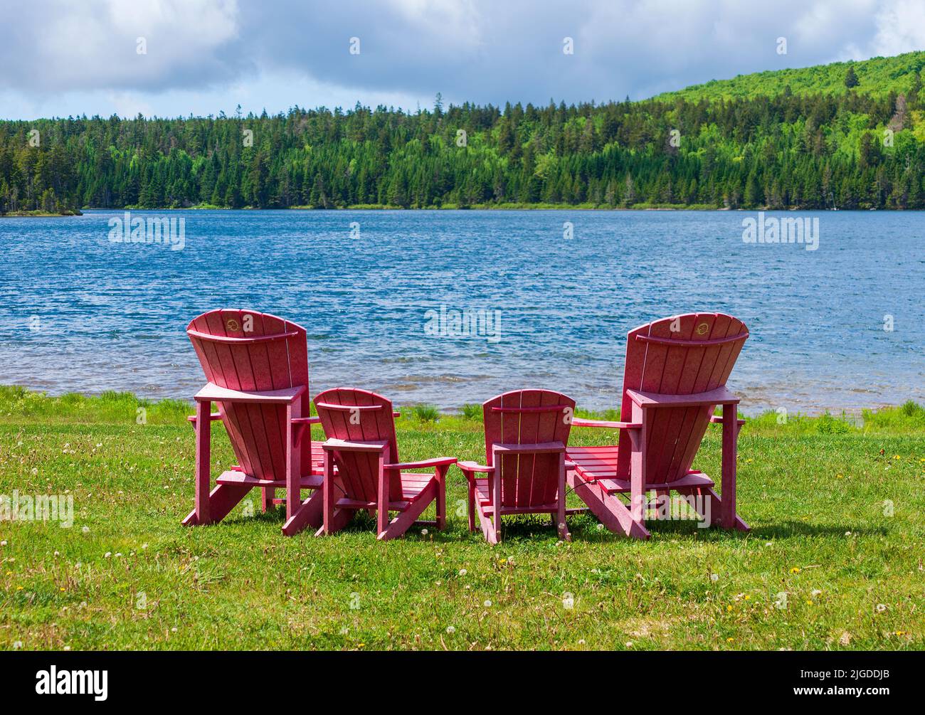 Assortment of four red Adirondack chairs at a lookout point on the ...