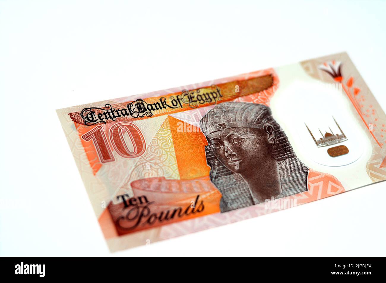 Selective focus of reverse side of the new first Egyptian 10 LE EGP ten ...