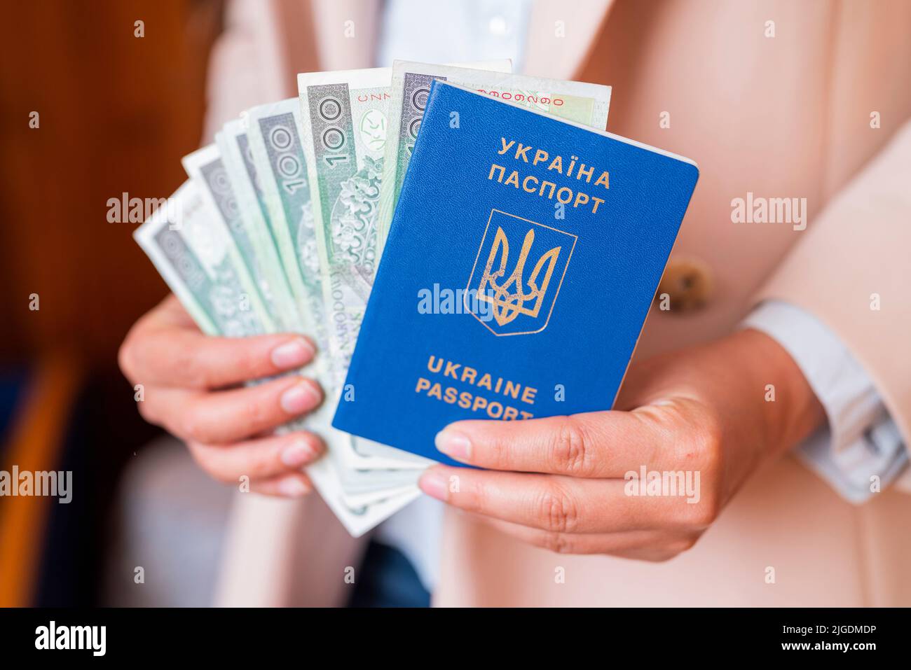 The Girl Holds In Her Hands Banknotes Money Polish Zloty And Ukrainian