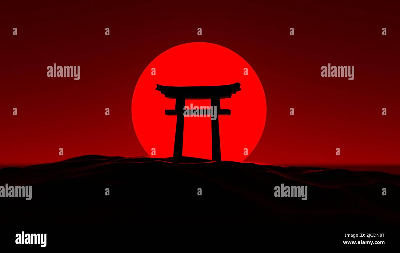 An illustration of a Japanese structure with a red moon in the ...