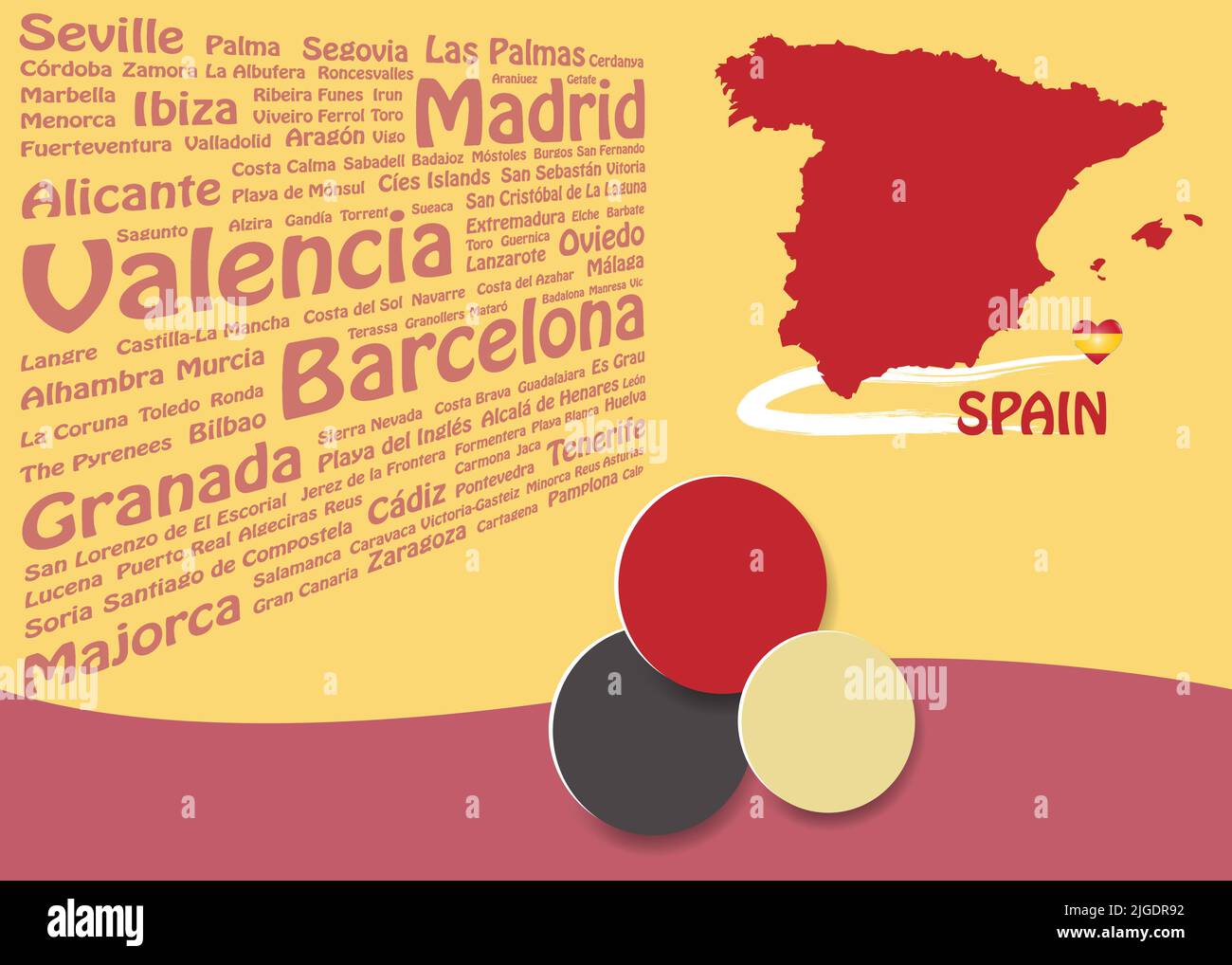 Travel to Spain concept with map of Spain. Names of the most famous ...