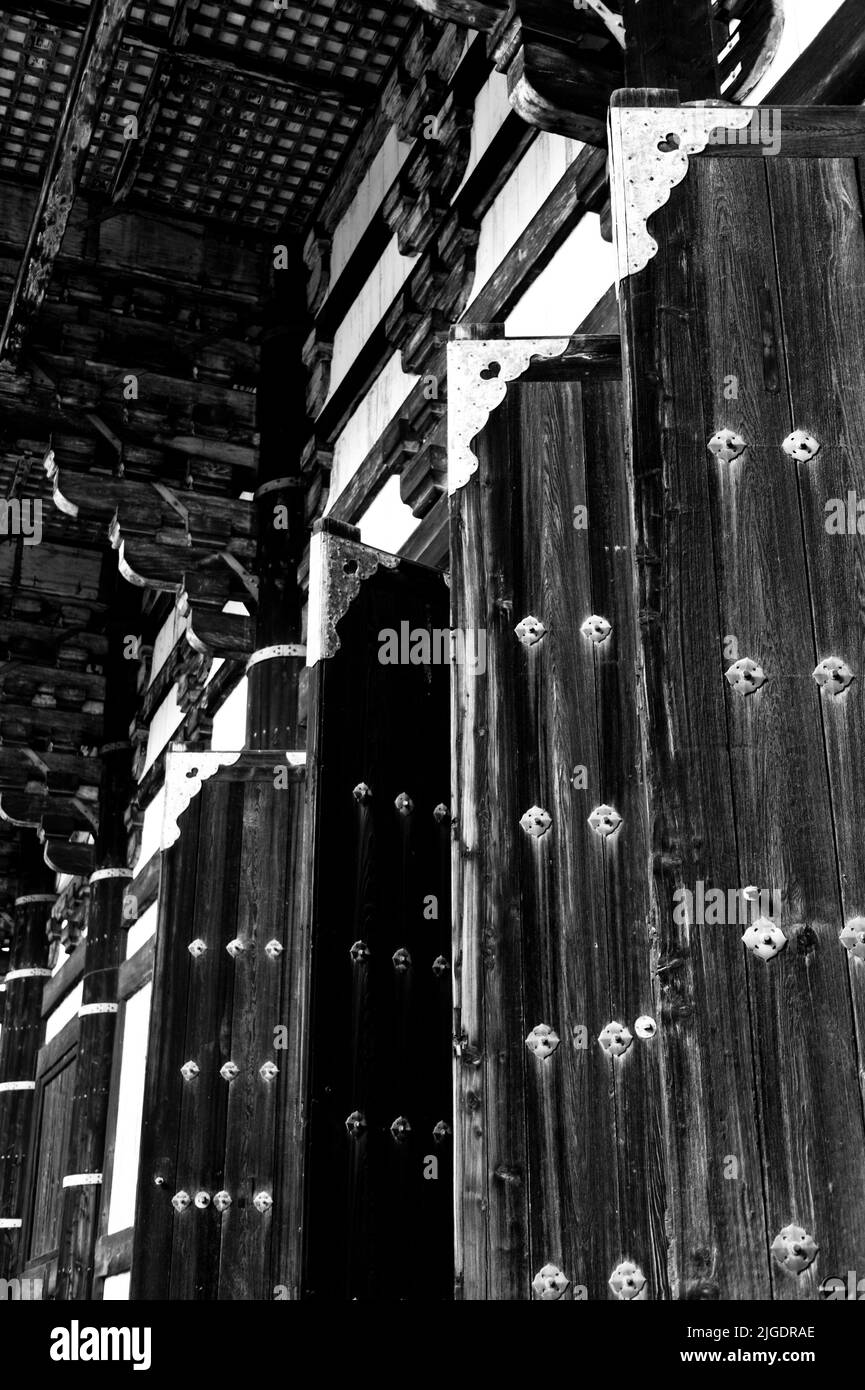 Nara, Japan - January 5, 2020. Detail of the massive wooden doors of ...