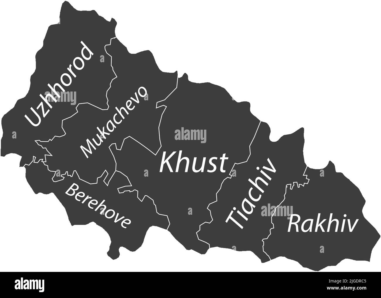 Dark gray tagged map of raions of the ZAKARPATTIA OBLAST, UKRAINE Stock ...