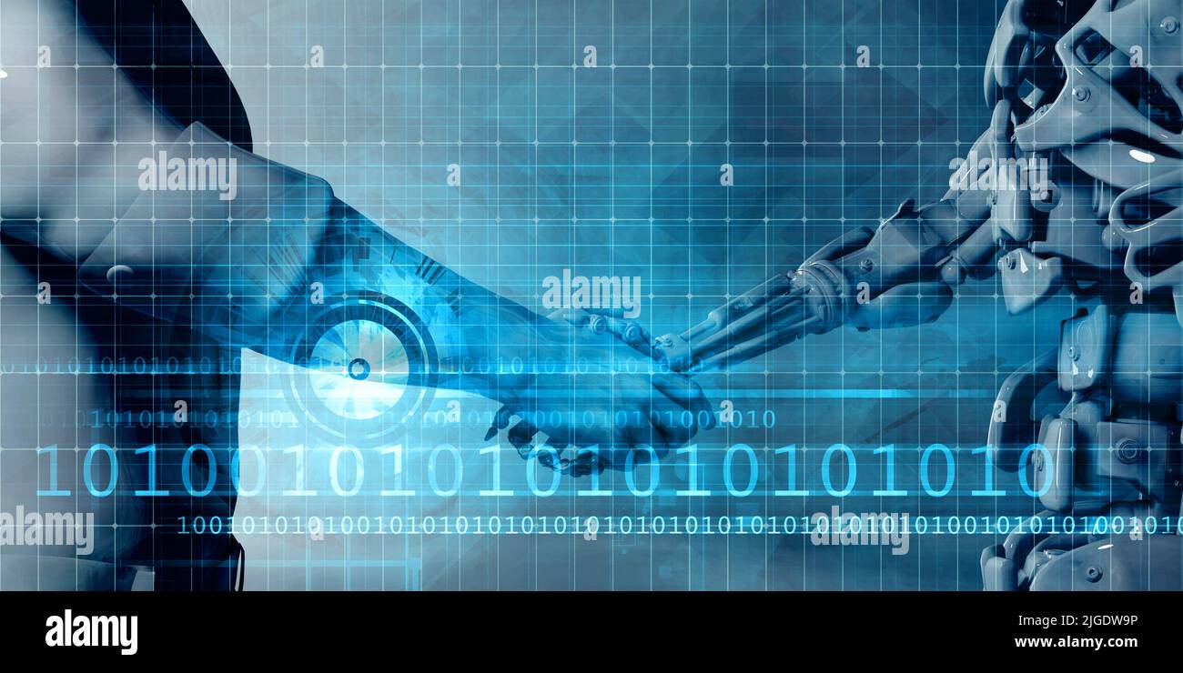 Man and Machine Robot Hand Handshake as Tech Concept Stock Photo - Alamy