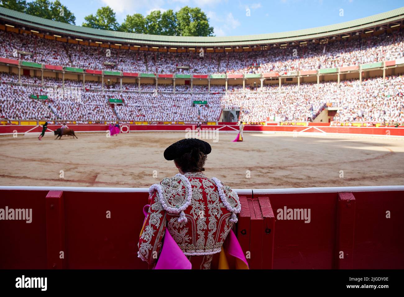 General view during a bullfight at the San Fermin Festival, in Pamplona ...