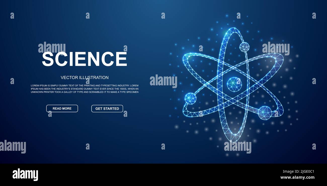Atom 3d low poly symbol with connected dots for blue landing page ...