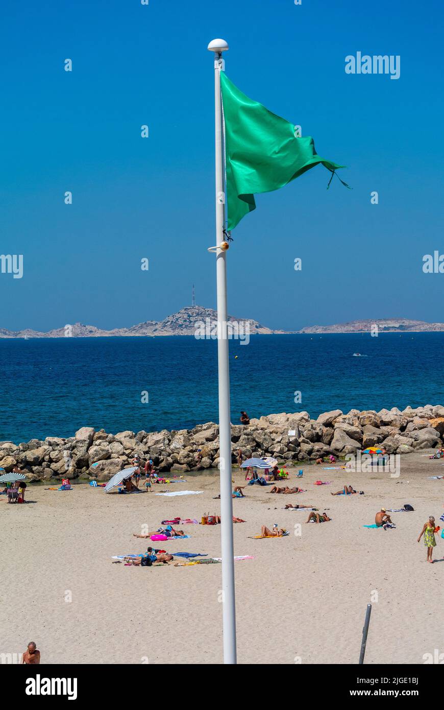 Marseille, France, Green Flag, OK For Bathing, Crowd People on Beach ...