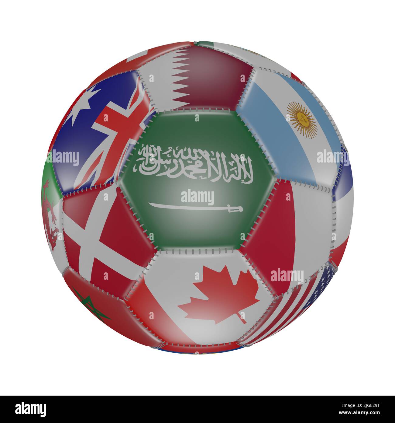 Saudi Arabia flag among other world flags on 3D soccer ball. Isolated ...