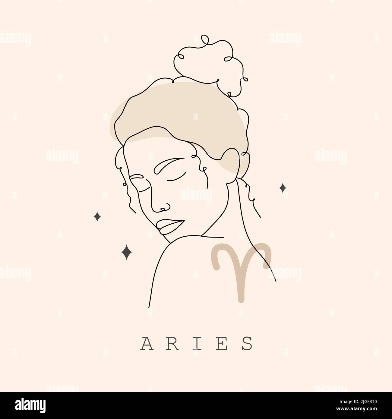 Aries zodiac sign. One line drawing. Astrological icon with abstract woman face. Mystery and ...