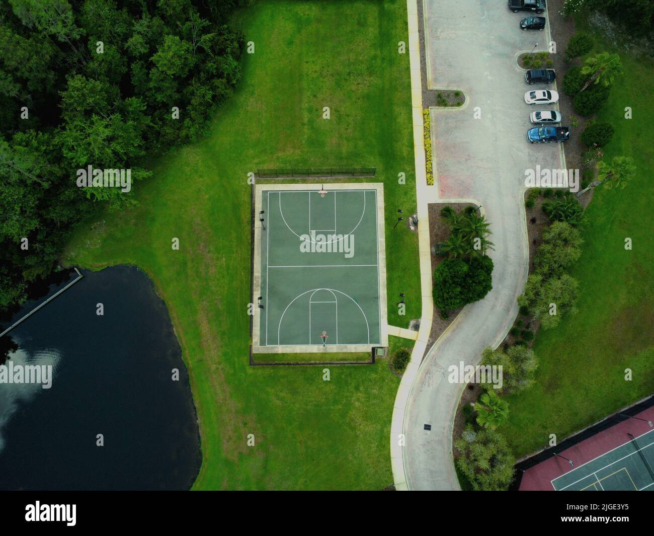 An aerial top view of a professional court of basketball surrounded by ...