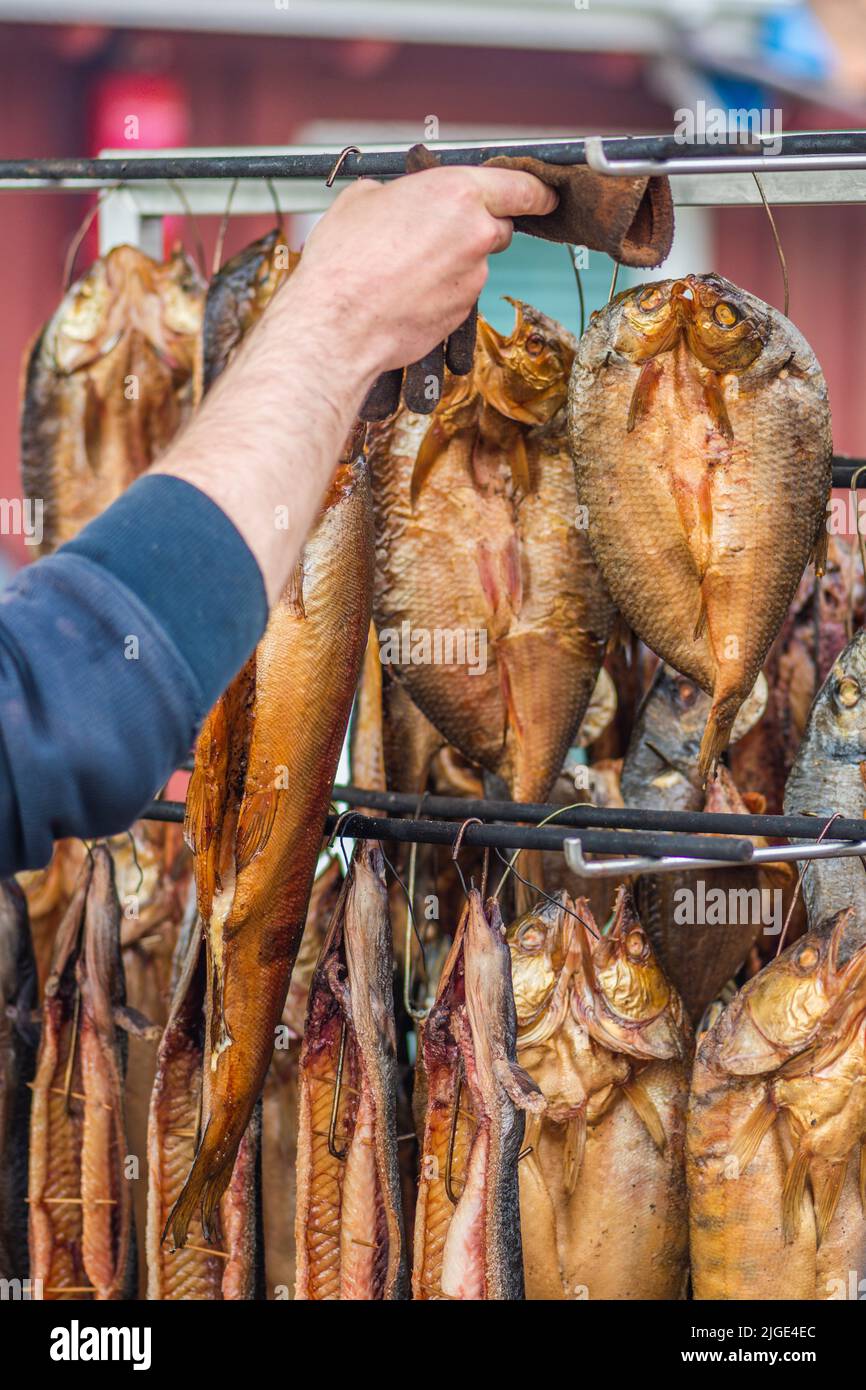 Hanging smoke-dried various fish in a fish market just smoked with ...
