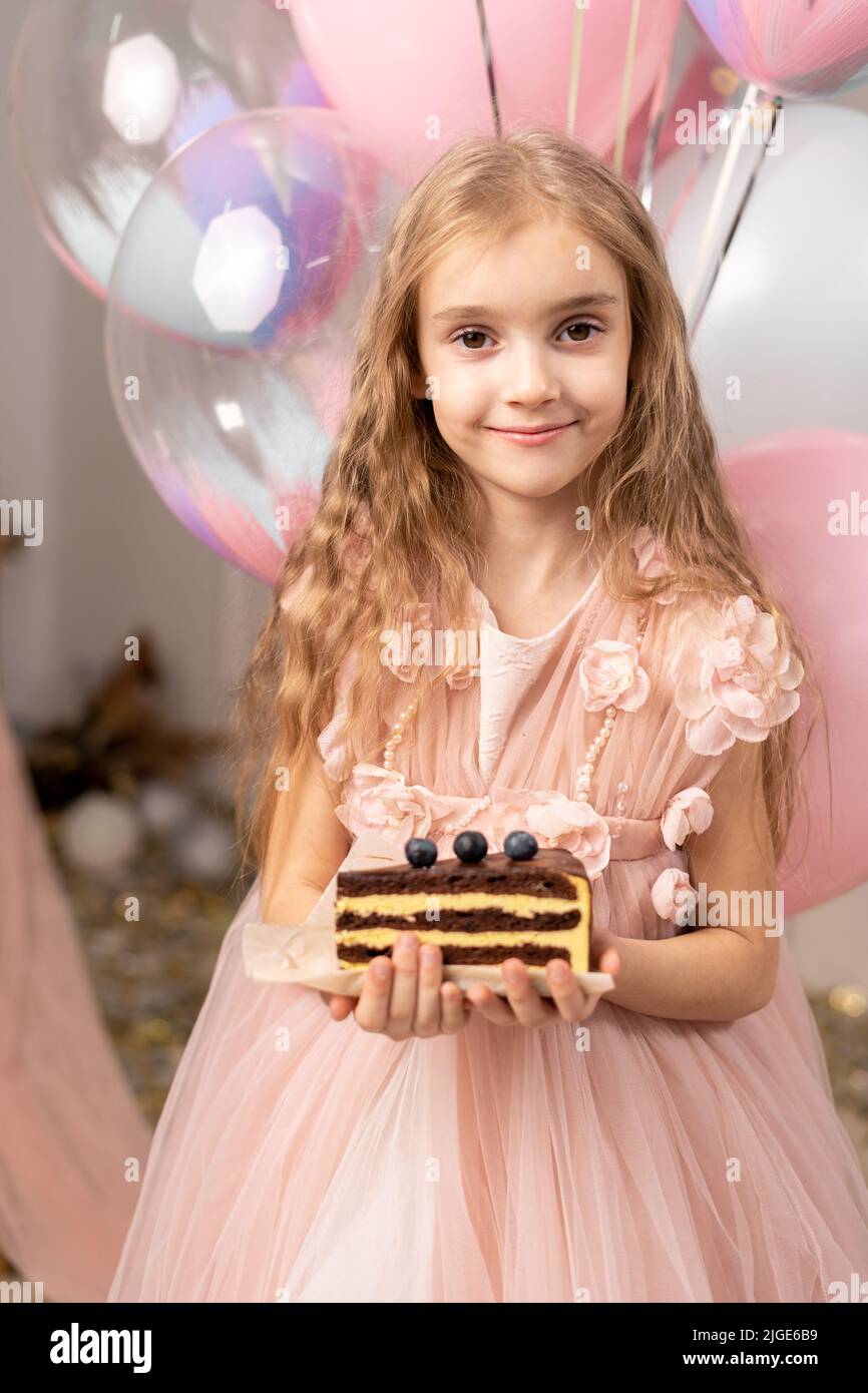 birthday child girl 5 years old with balloons, princess portrait with a ...