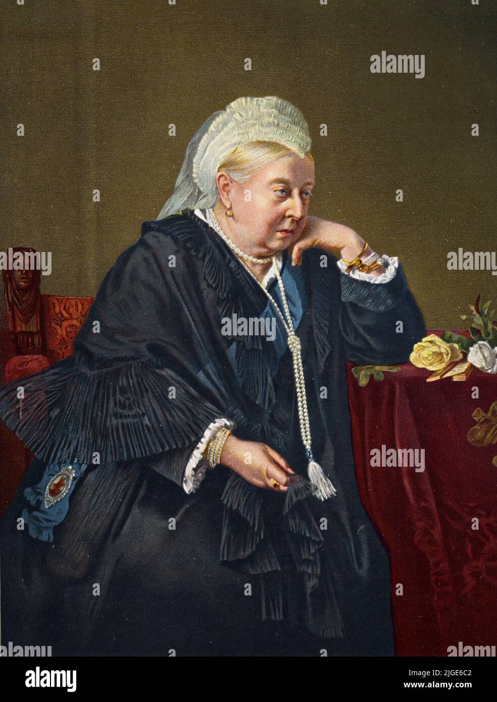 Queen Victoria in her 70s–80s, colour portrait illustration of iconic ...
