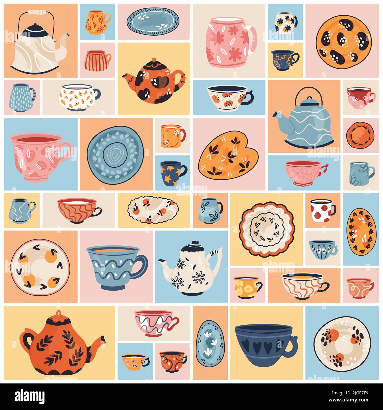 Cute vintage tableware set vector illustration. Cartoon retro kitchen ...