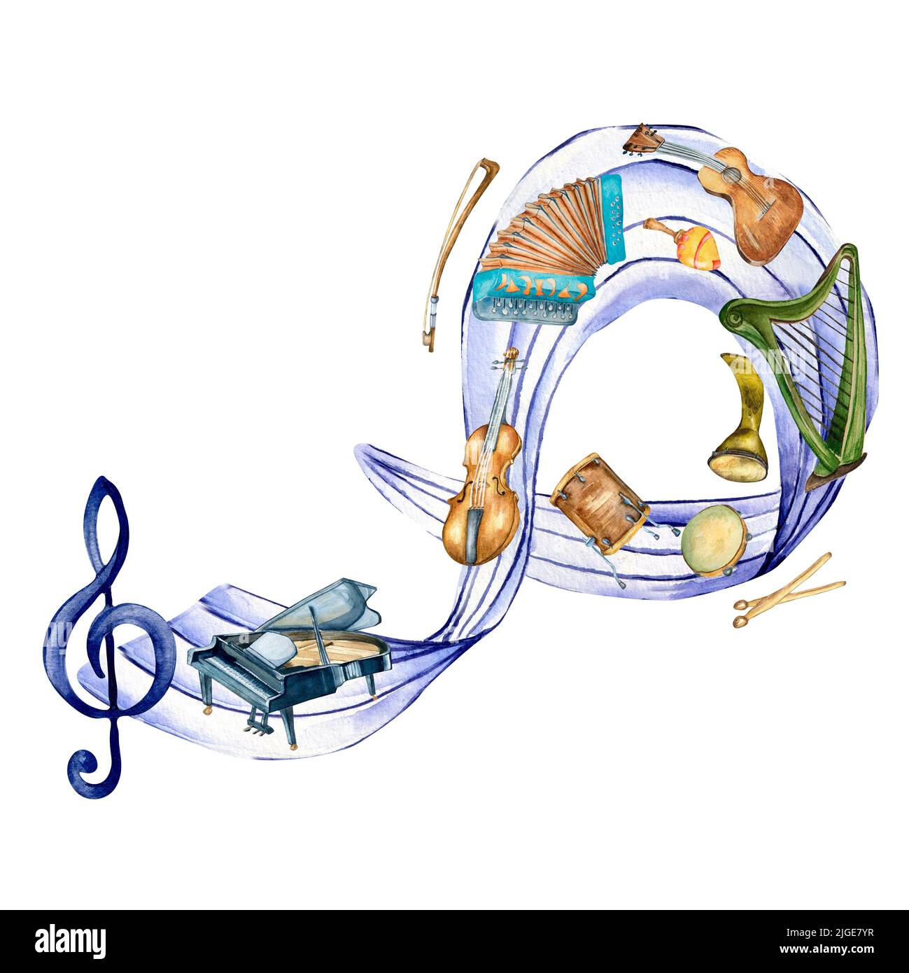Set of treble clef, notes and musical instruments watercolor ...