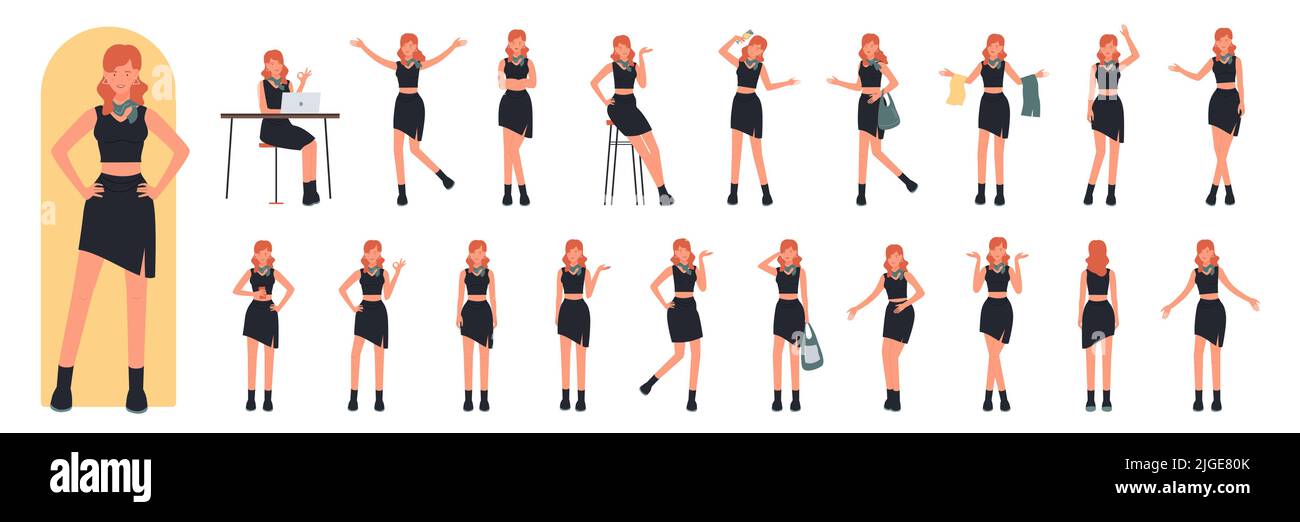 Girl poses set vector illustration. Cartoon young beautiful woman in ...