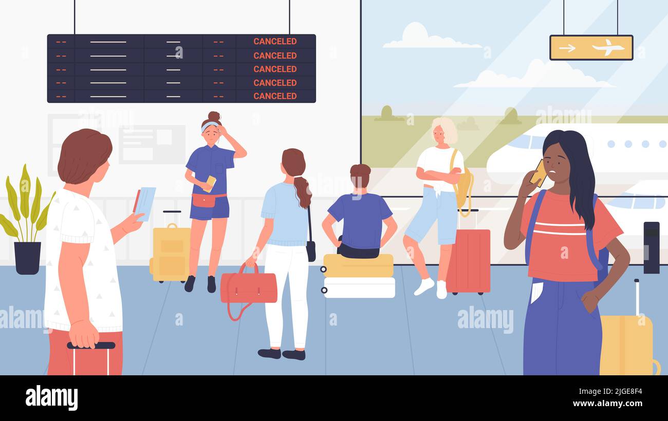 Angry frustrated travellers wait for flight in airport terminal ...