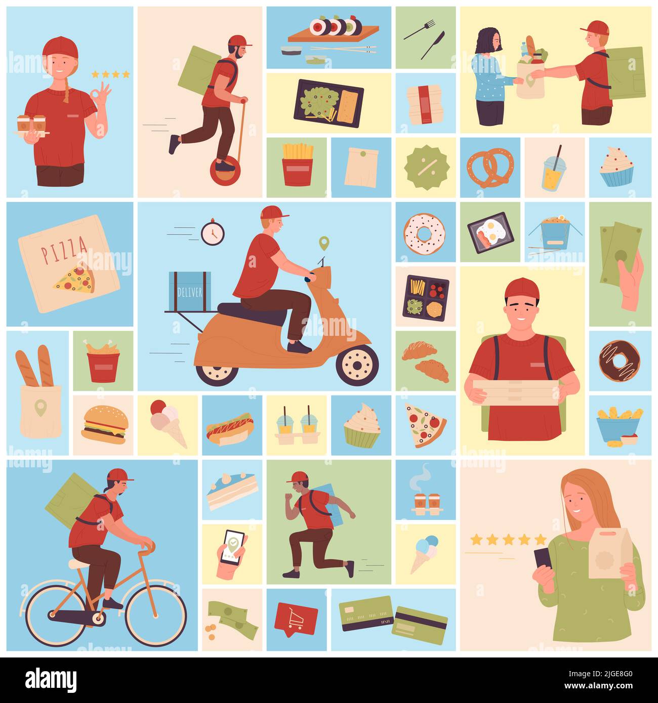 Takeaway fast food delivery service to home set vector illustration ...