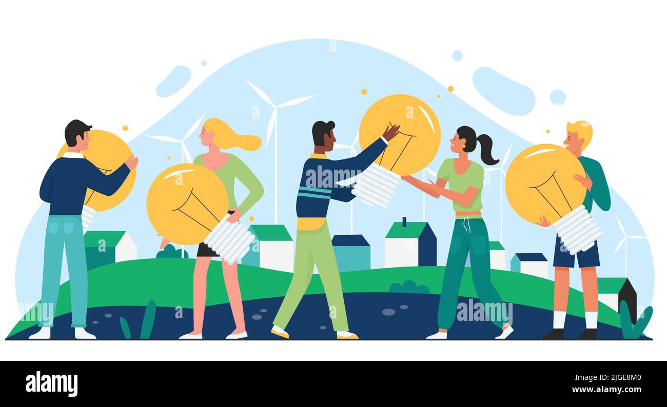 Green energy and environmental smart solutions. Cartoon tiny people ...