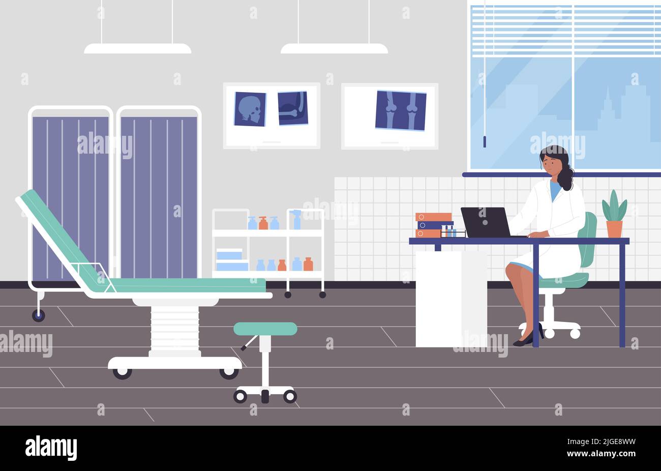 Medic office interior with female doctor waiting for patients vector ...