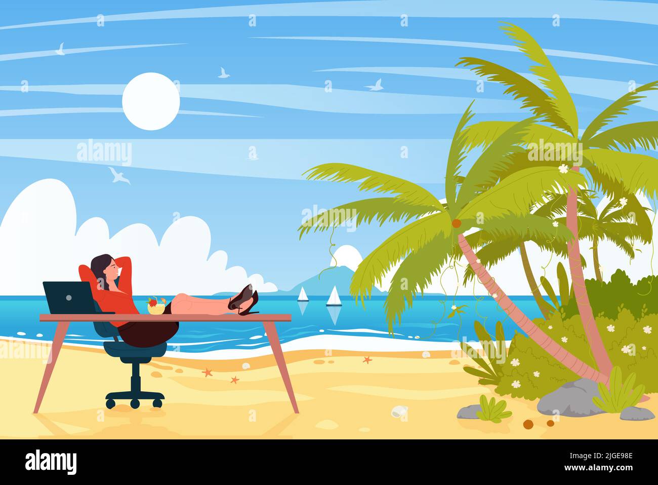 Cartoon woman manager with cocktail and suit enjoy sun, sea and sky of ...