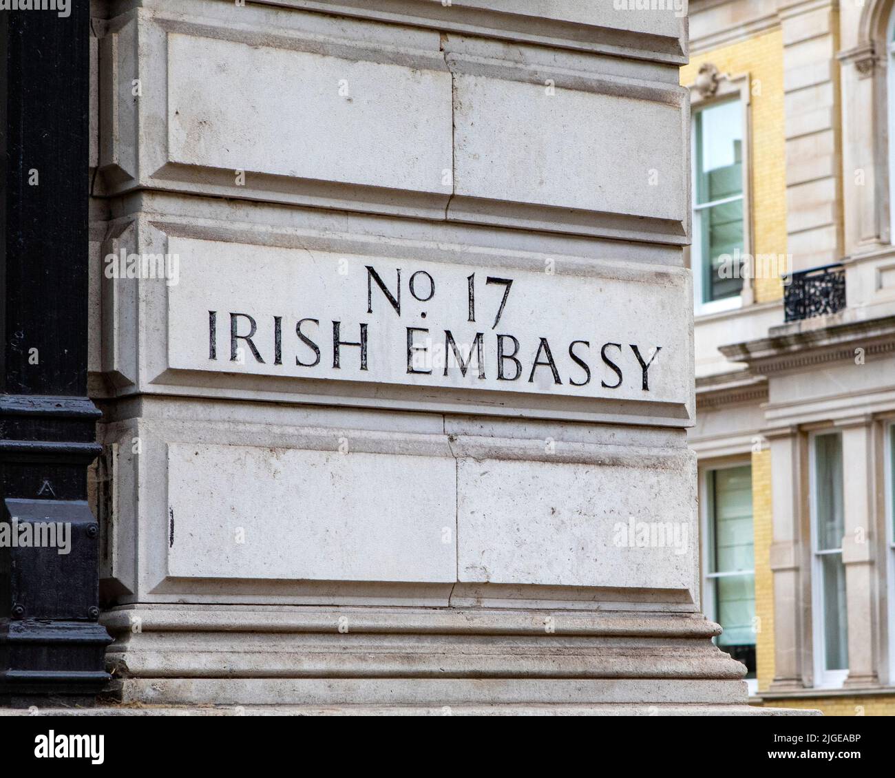 London, UK - August 12th 2021: Irish Embassy etched onto the exterior ...