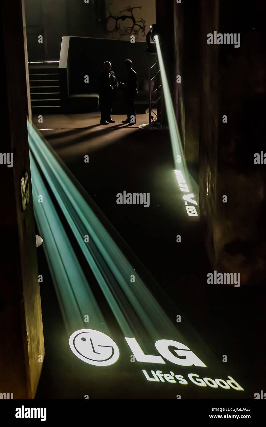 A LG Brand lighting at rustic venue corporate event Stock Photo - Alamy