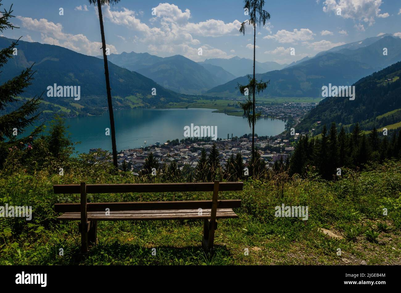Wooden bench at a viewpoint in austria Stock Photo - Alamy