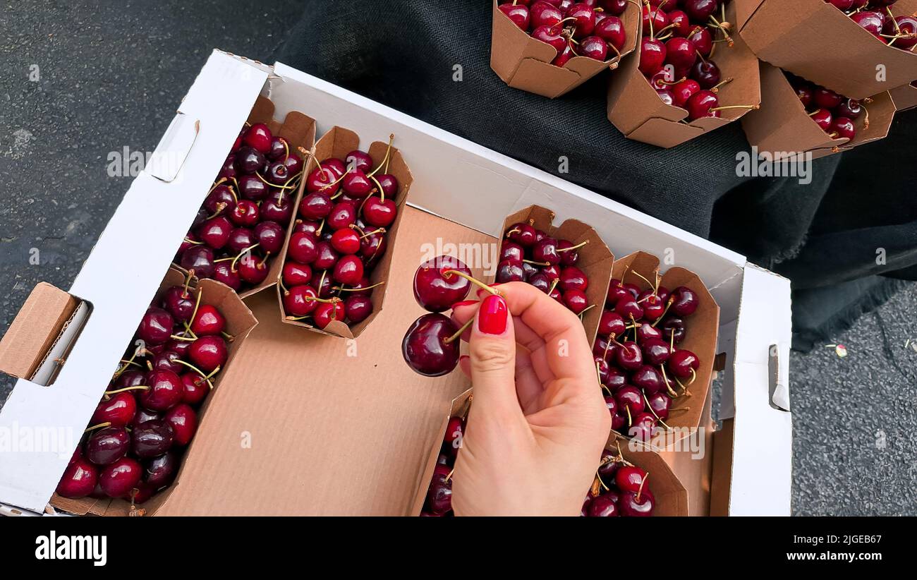 Red raw fresh cherry merry in boxes in the market top view . High ...