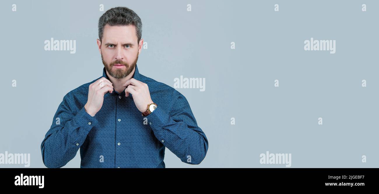 Unshaven man button casual shirt grey background, informal. Man face ...