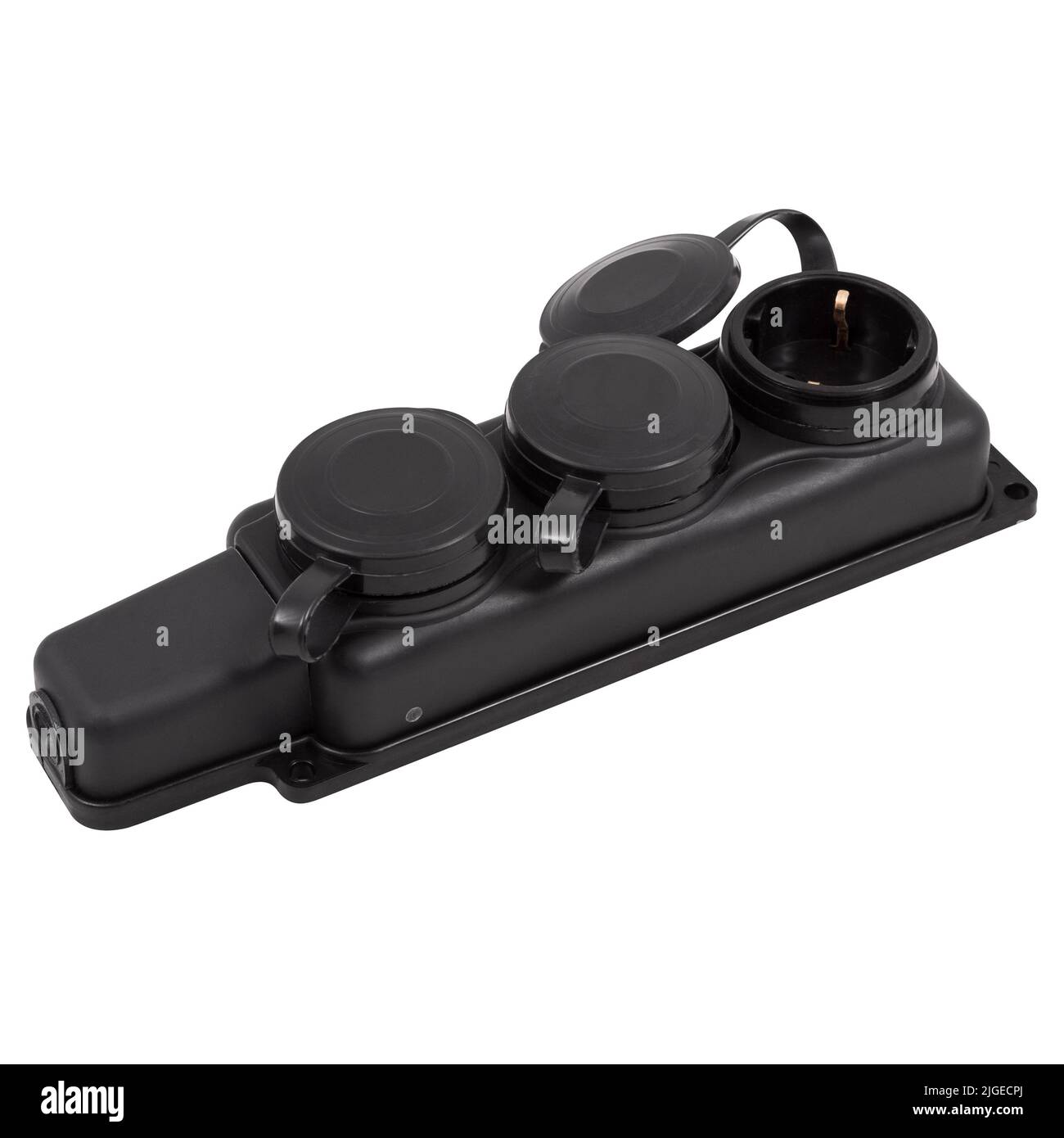 Protected black socket with a cover and grounding isolated on a white ...