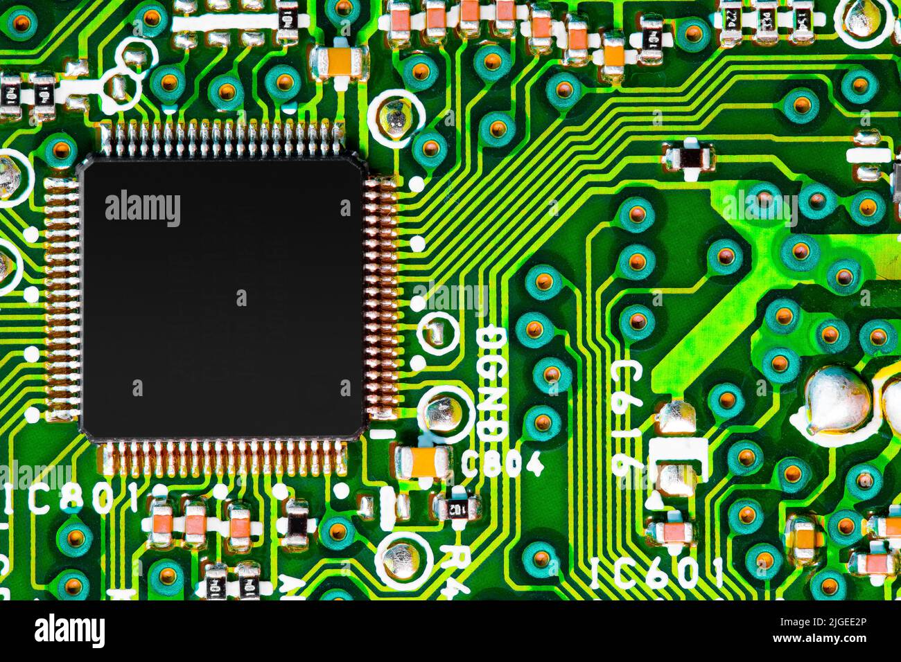 Macro Close up of components and microchips on PC circuit board Stock ...