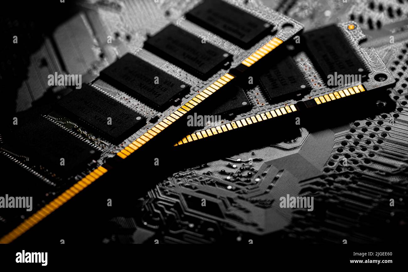 Macro Close up of computer RAM chip; random access memory chip slot for ...
