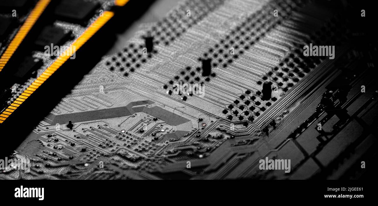 Macro Close up of computer RAM chip; random access memory chip slot for ...