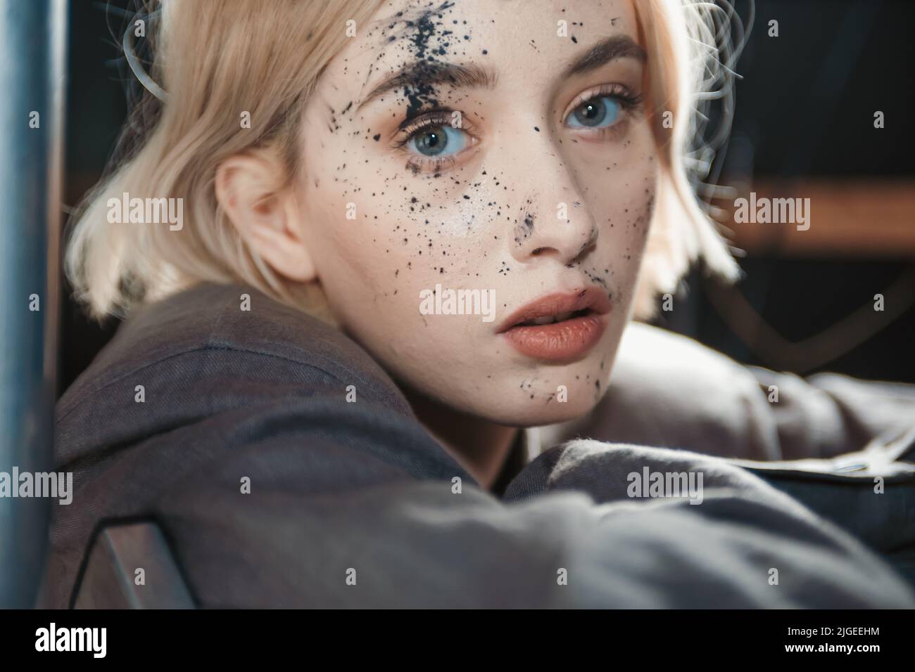 KYIV, UKRAINE - FEBRUARY 03, 2022: A model with creative make up posing ...