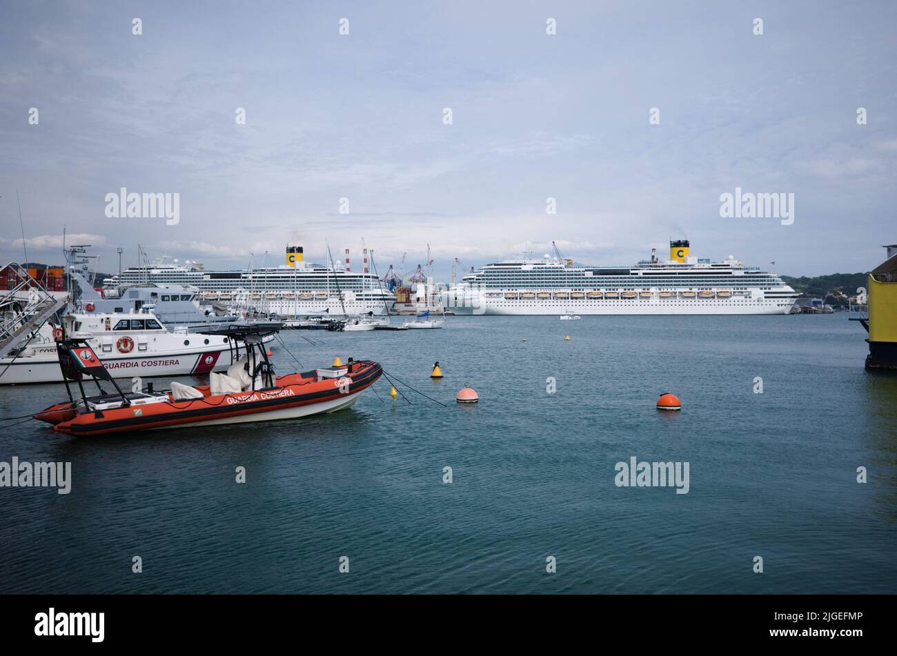 La Spezia, Italy - April, 2022: Orange inflatable boat of coast guard ...