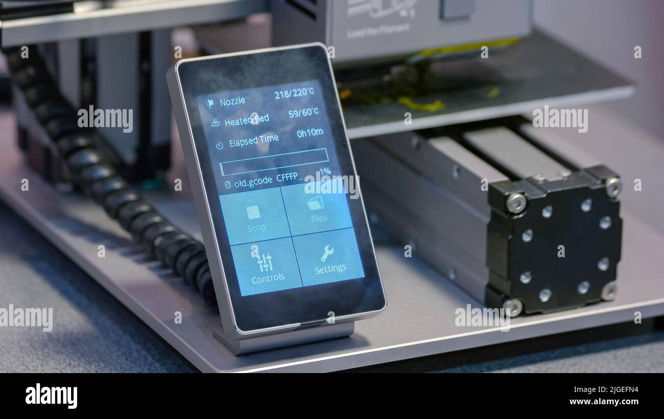 Digital sensor display screen of a working 3d printer. Parameters and ...