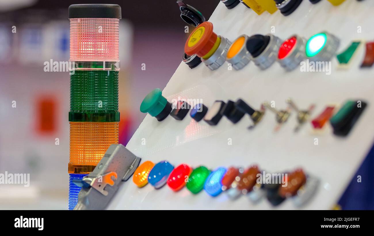 Panel of many colored diode lights and buttons. Control panel of an ...
