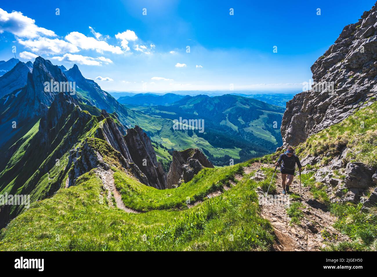 A woman is walking along the Schäfler altitude path in the Swiss alps ...
