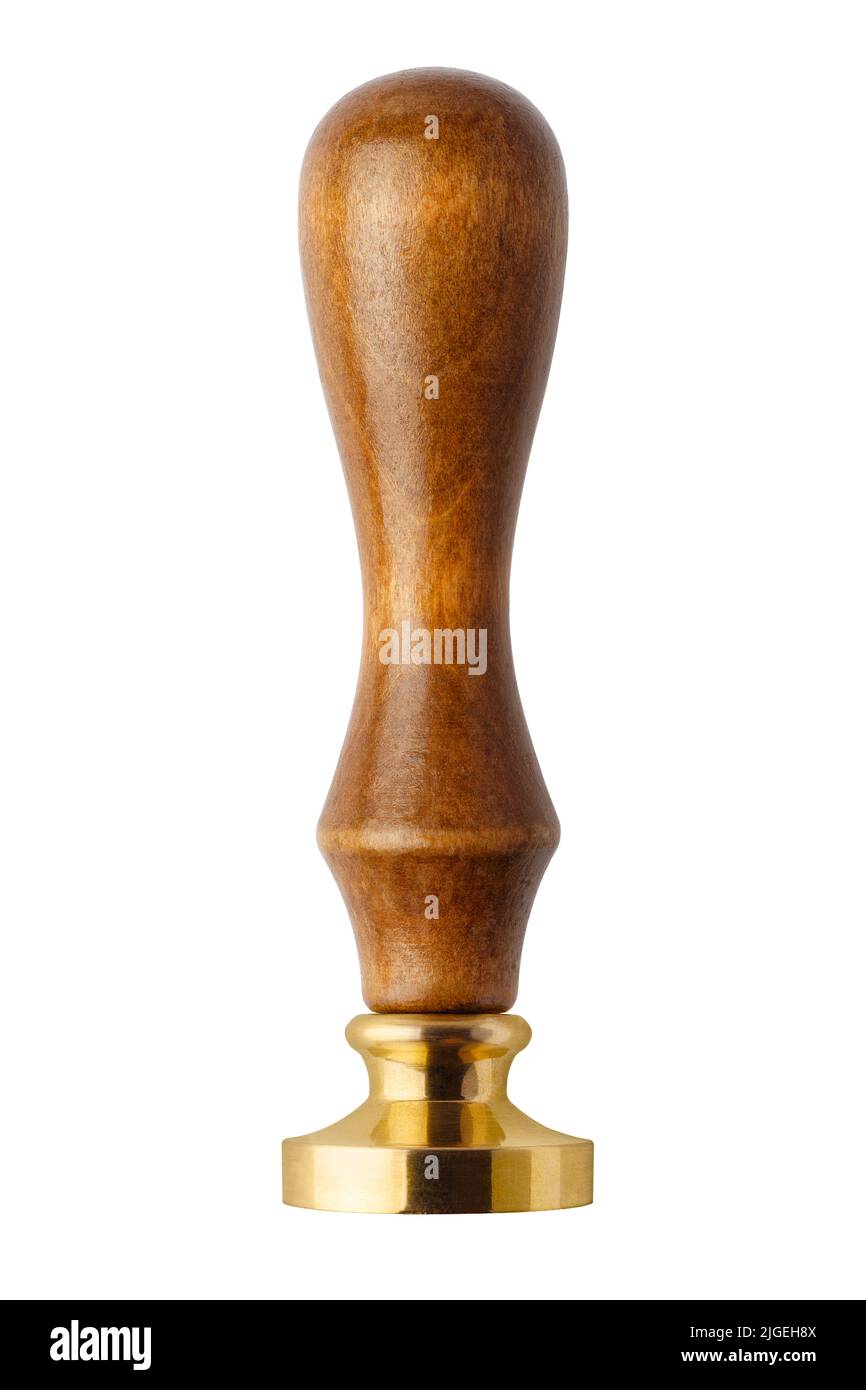 Classic retro style bronze stamper with wooden handle, isolated on ...