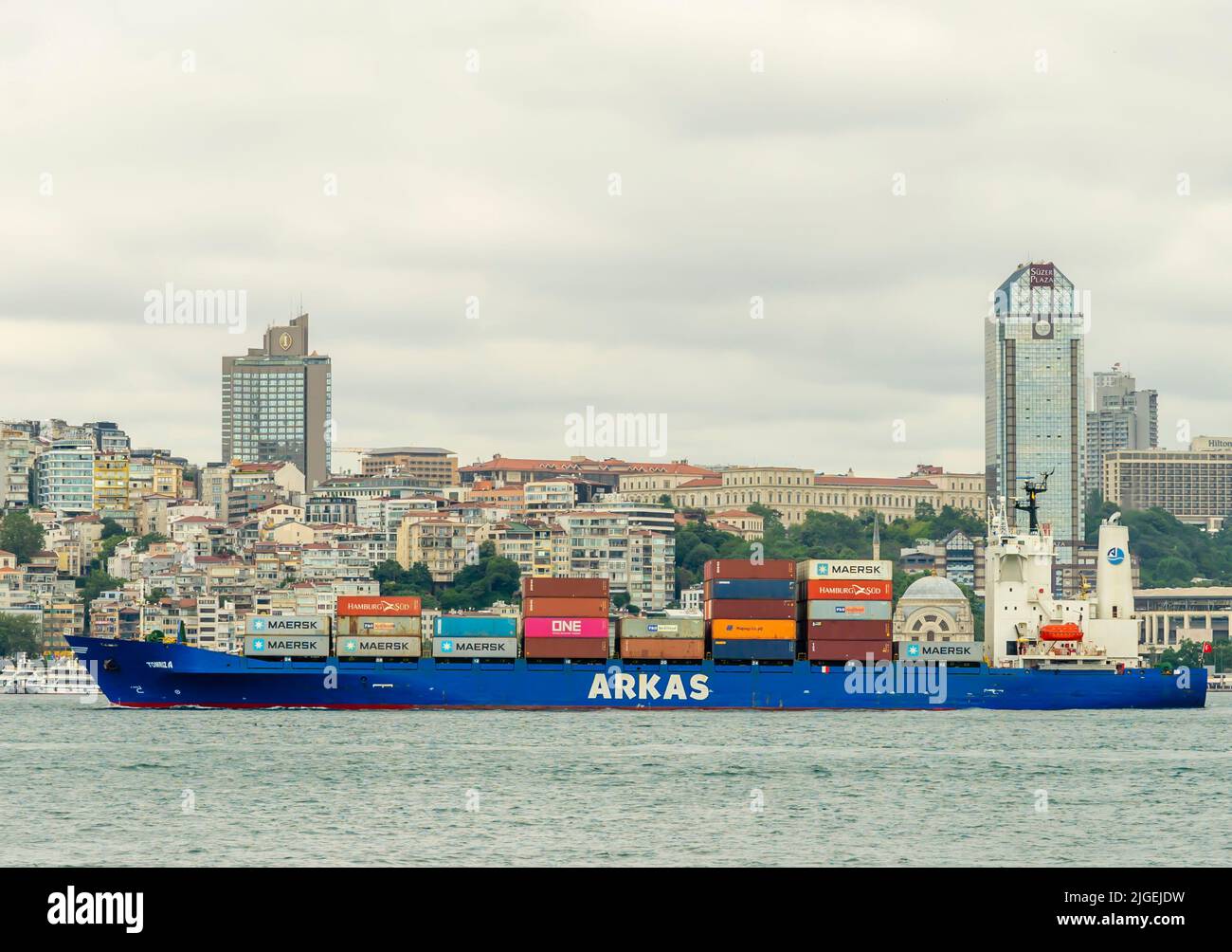 Arkas barge transporting containers in Marmara Sea, Istanbul, Turkey ...