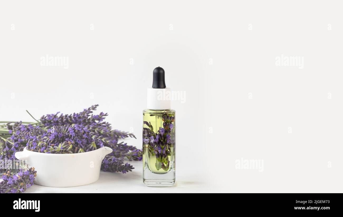 Glass bottle of Lavender essential oil with fresh lavender flowers and ...
