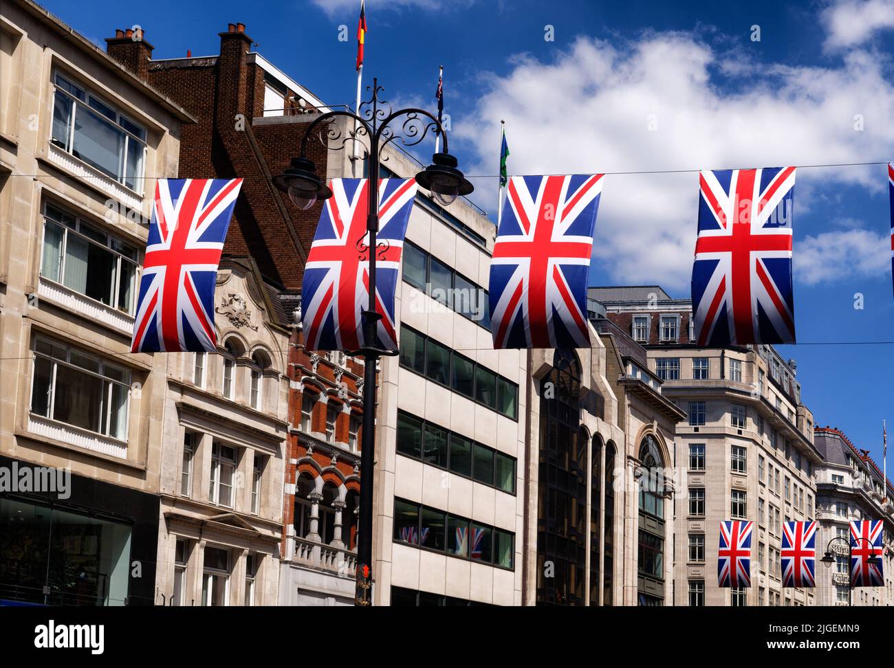 British union jack flags hung across the Strand, Queen Elizabeth ...