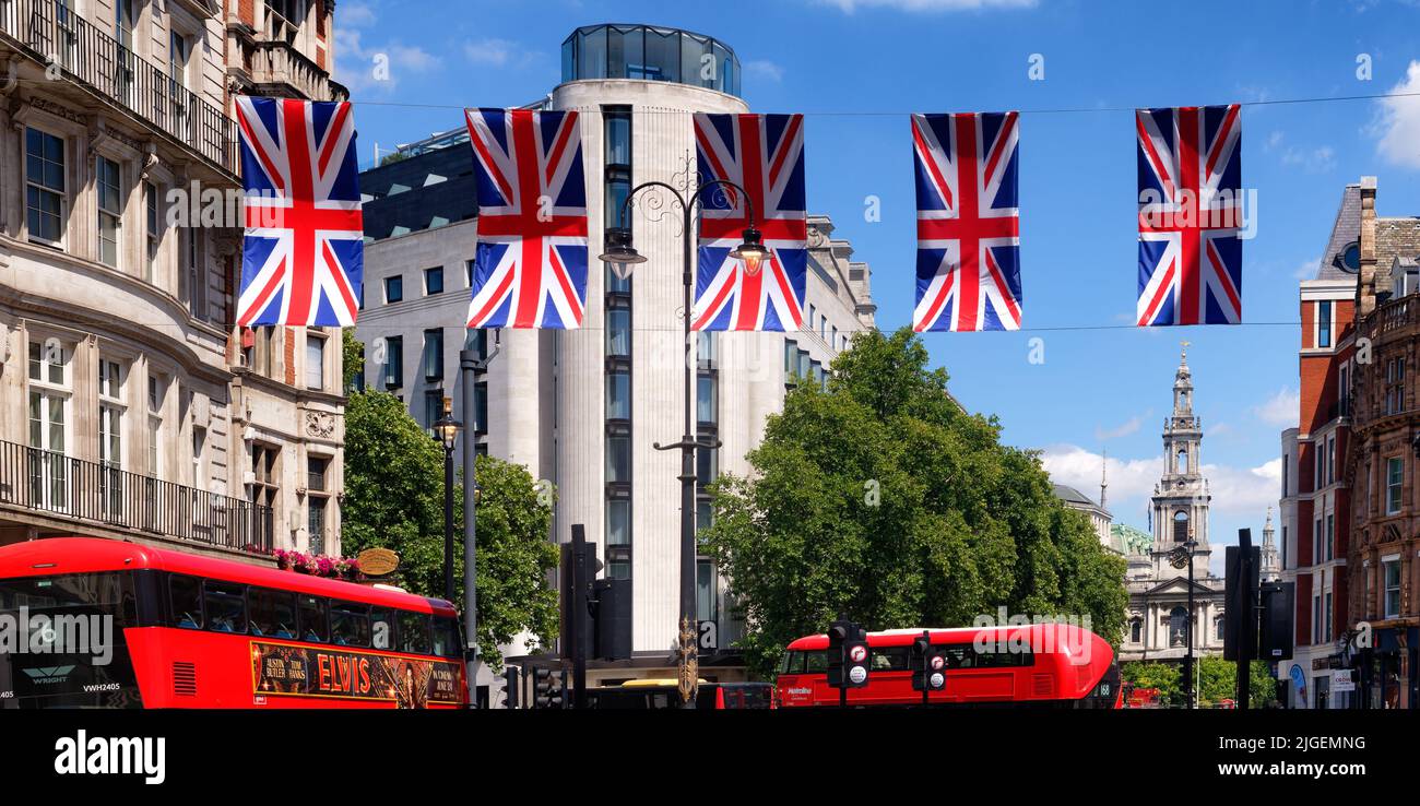 British union jack flags hung across the Strand, Queen Elizabeth ...