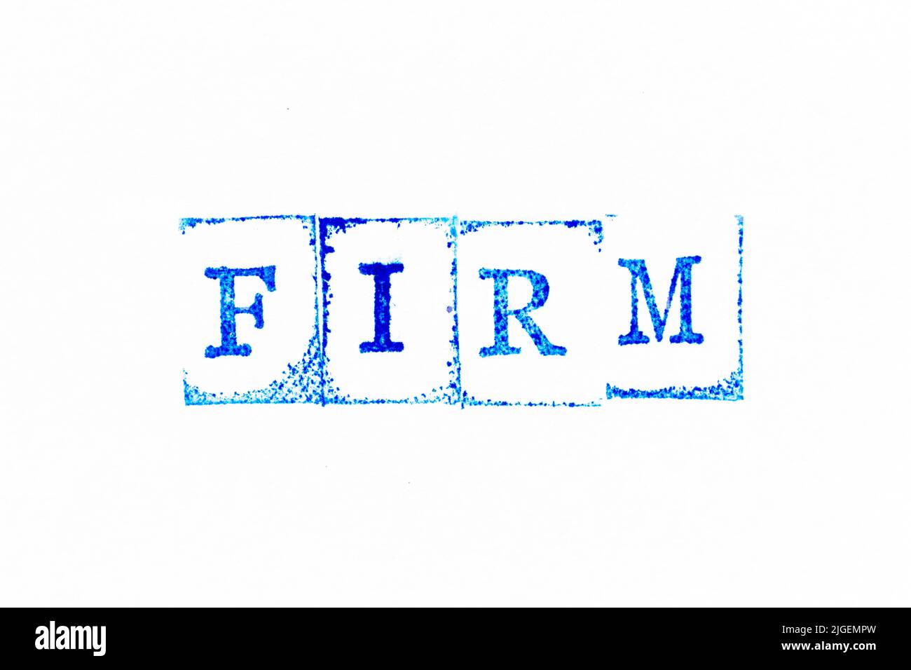 Blue color ink rubber stamp in word firm on white paper background ...