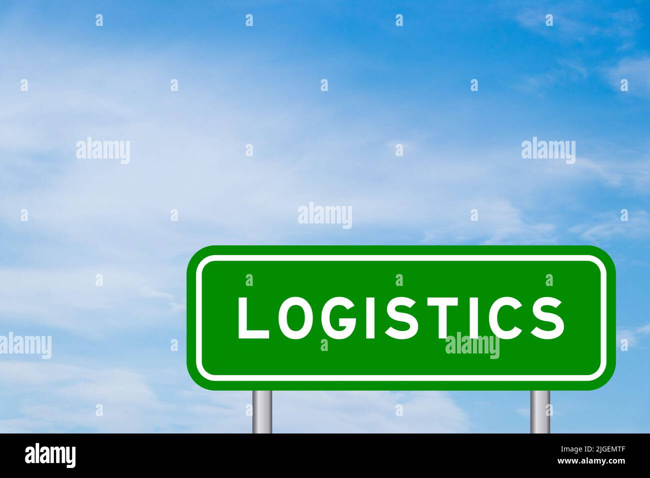 Green color transportation sign with word logistics on blue sky with ...