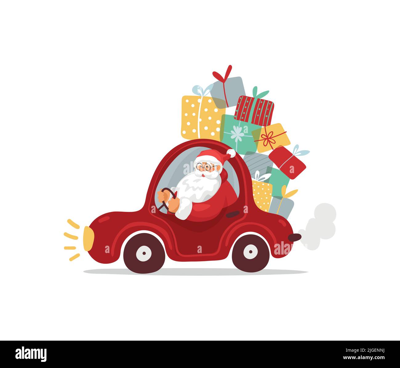 Modern Santa Claus is carrying a bunch of gifts in a car. Funny and ...