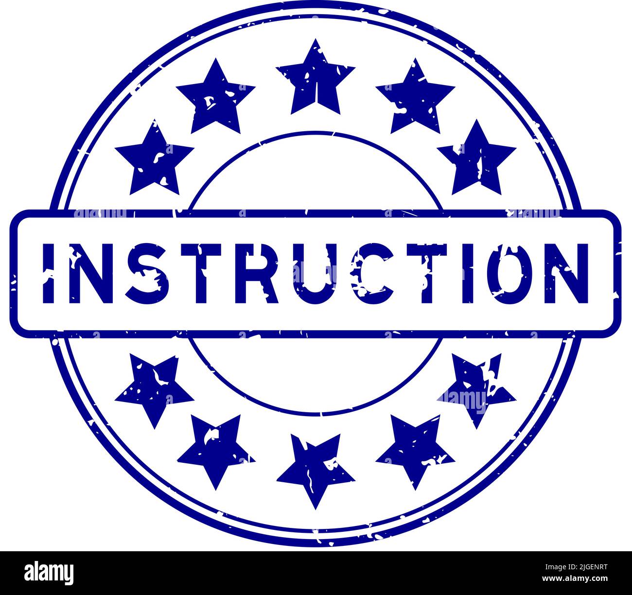 Grunge blue instruction word with star icon round rubber seal stamp on ...