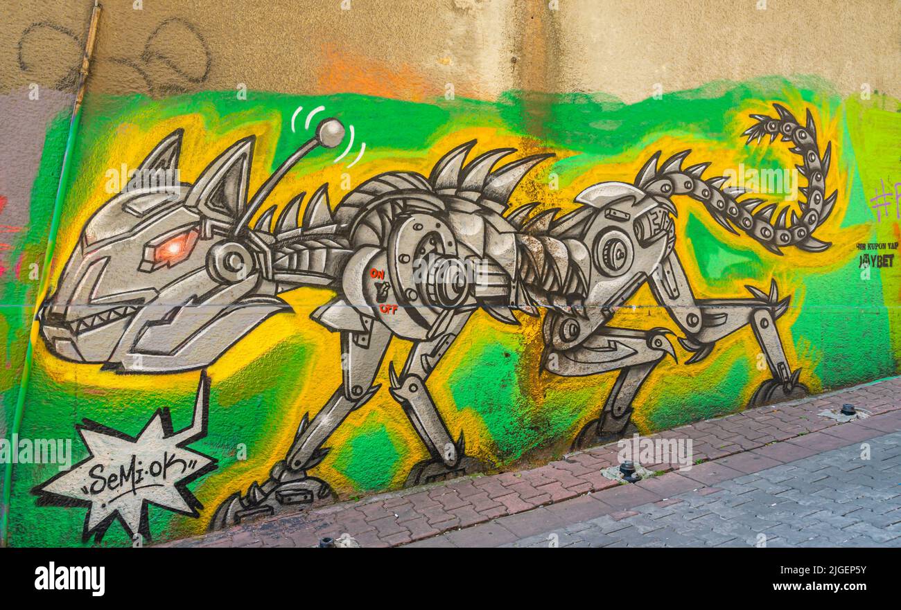 Mural by SEMI OK depicting metal monster in Istanbul. Street art ...